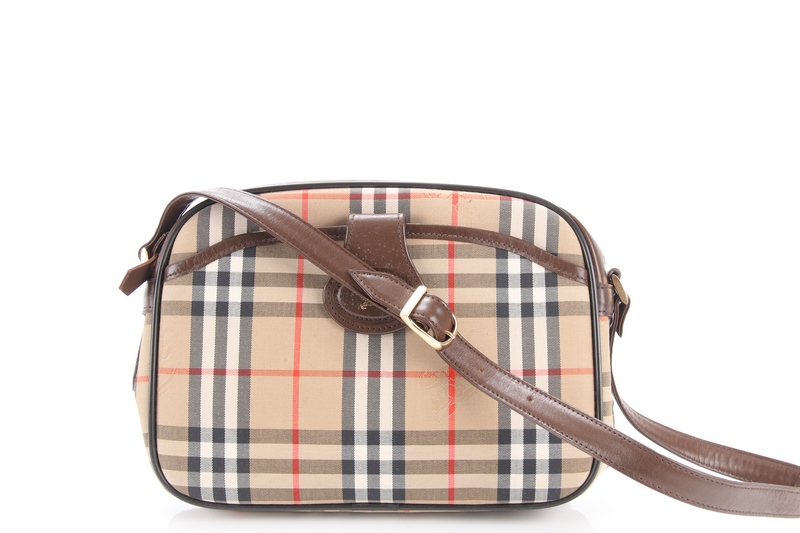 Burberry Umhängetasche Beige Textil Braun Leder mit Lasche am Aussenfach