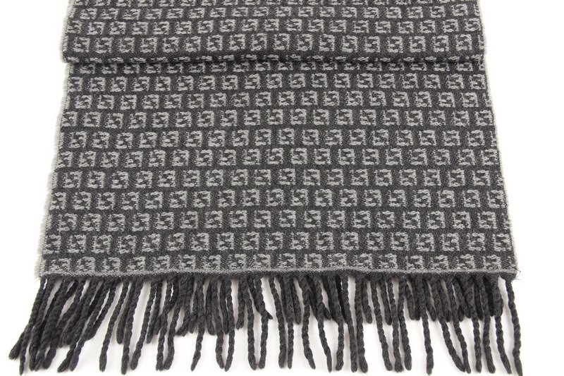 Fendi Schal Zucca Muster Grau mit Fransen 100% Wolle