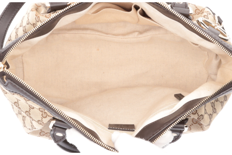 Gucci Sukey Two Way Bag Guccissima Beige Canvas Dunkelbraun Leder 247902