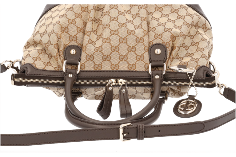 Gucci Sukey Two Way Bag Guccissima Beige Canvas Dunkelbraun Leder 247902