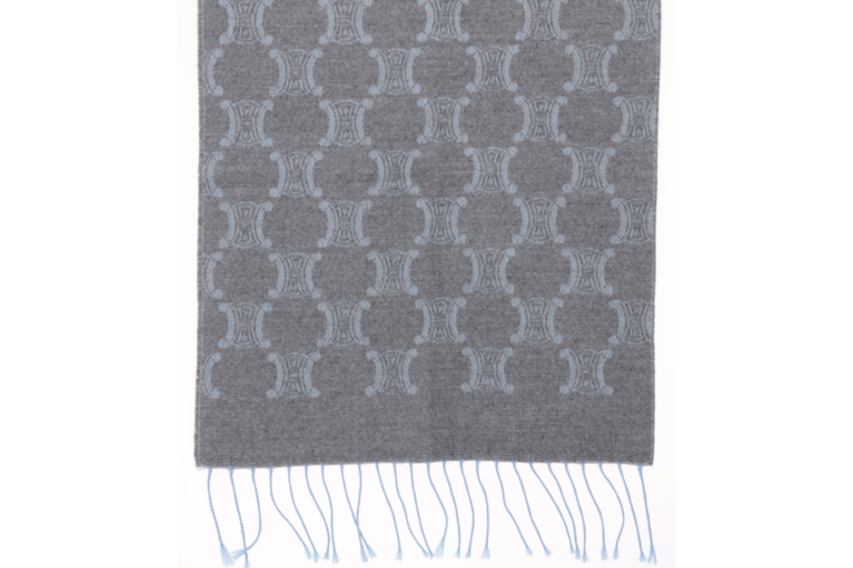 Céline Schal aus Wolle mit Fransen – Monogramm Blau/Grau